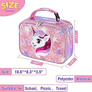 WERNNSAI Sequins Unicorn Lunch Box - Holographic Insulated Girls Lunch Bag for Kids Bento Back to School Picnic Preschool Kindergarten Lunch box Waterproof Reusable Thermal Lunch Tote Box