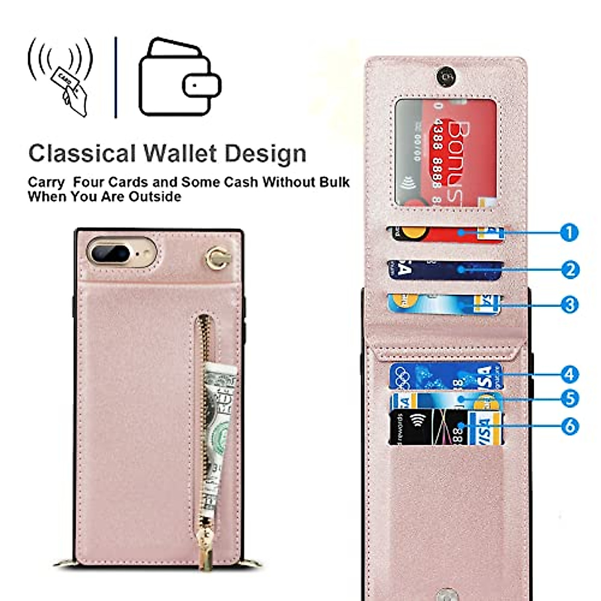 Jaorty Crossbody Phone Case for iPhone 8 Plus/7 Plus Case with Card Holder for Women,iPhone 7 Plus Case Wallet with Strap Lanyard for Men,PU Leather Magnetic Clasp with Kickstand 5.5", Rosegold
