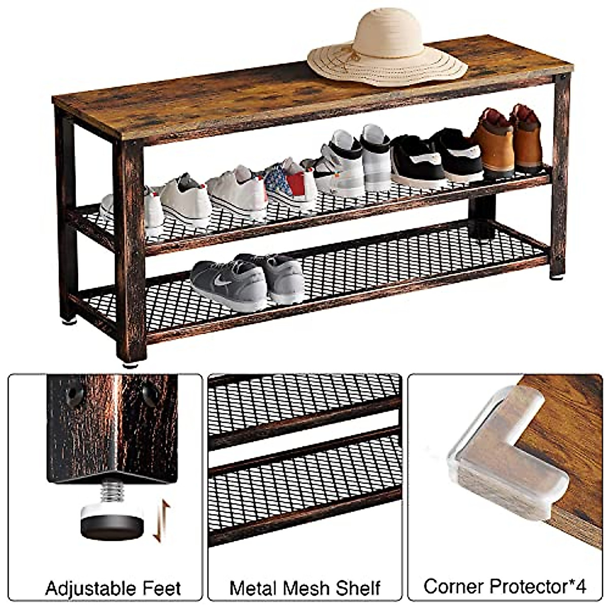 Rolanstar Sturdy 3-Tier Shoe Rack Bench Bundle Rustic Wall Mounted Storage Cabinets