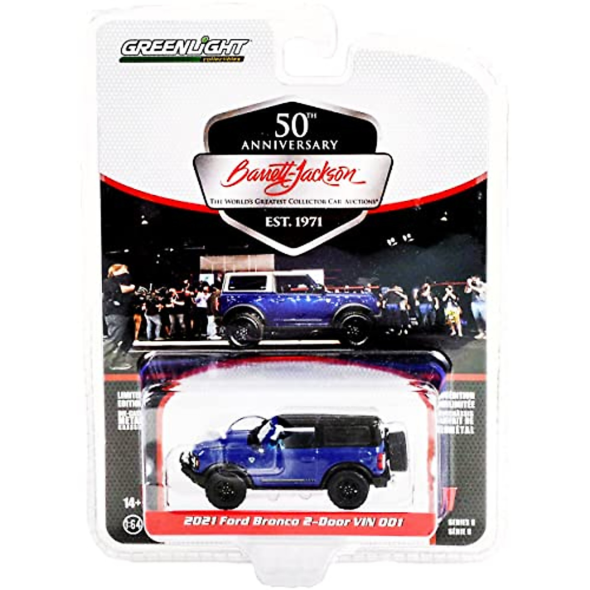 Greenlight Collectible 2021 Bronco 2-Door VIN #001 Lightning Blue w/Navy Pier Blue Interior (Lot #3008) Barrett Jackson Scottsdale Edition 1/64 Diecast Greenlight 37240 E, 37240E