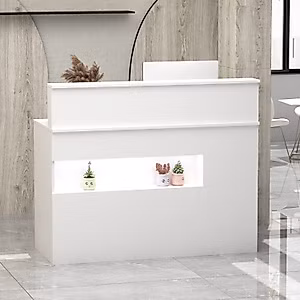 ECACAD Reception Desk with Light, Display Shelf & Lockable Drawers, Office Desk Reception Counter Table with Keyboard Tray and Door, White (47.2”W x 19.7”D x 39.2”H)