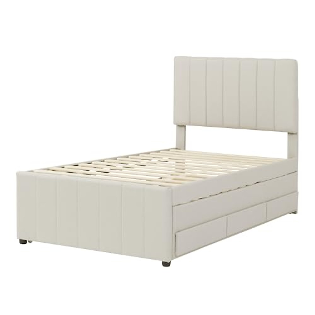 SIYSNKSI Twin Size Upholstered Platform Bed with Trundle and 3 Drawers, Linen Fabric Platform Bed with Headboard and Wooden Slat Support for Kids Boys Girls Teens Bedroom (Beige + Linen-A32)