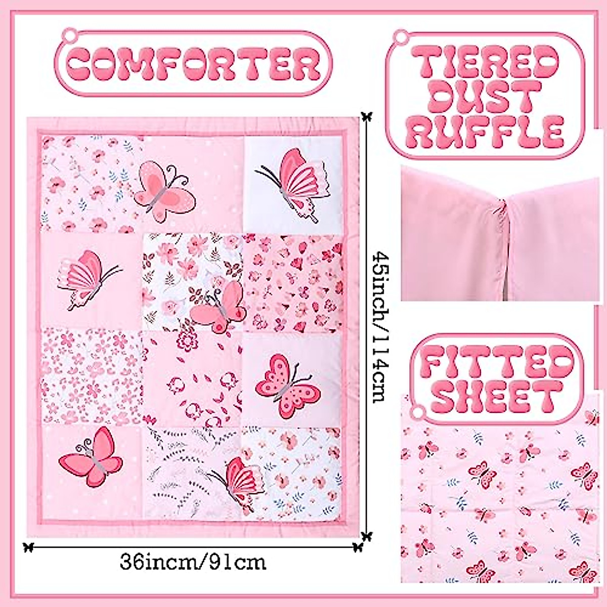 Tudomro 3 Pieces Butterfly Nursery Crib Bedding Set for Girls, Standard Size Bedding Sets with Comforter Fitted Sheet Crib Skirt(Pink)