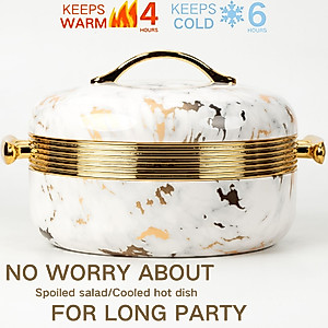 TOMANOON Round Thermal Hot/Cold Serving Bowls Set of 3, 3.5/2/1 L Insulated Casserole Dishes With Lid, Great for salad, stews, and soup, Ideal for parties, holidays, and Travel(Marble White)