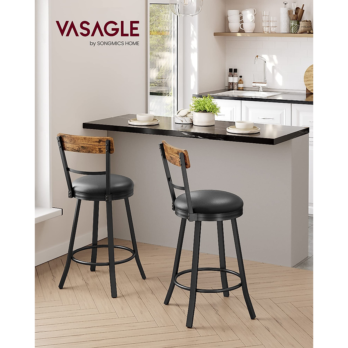 VASAGLE Bar Stool, Swivel Bar Stool, Bar Chair with Back, Metal Steel Frame, 25.8-Inch Cushioned Seat, Footrest, Easy Assembly, Industrial Style for Kitchen Island, Black and Rustic Brown