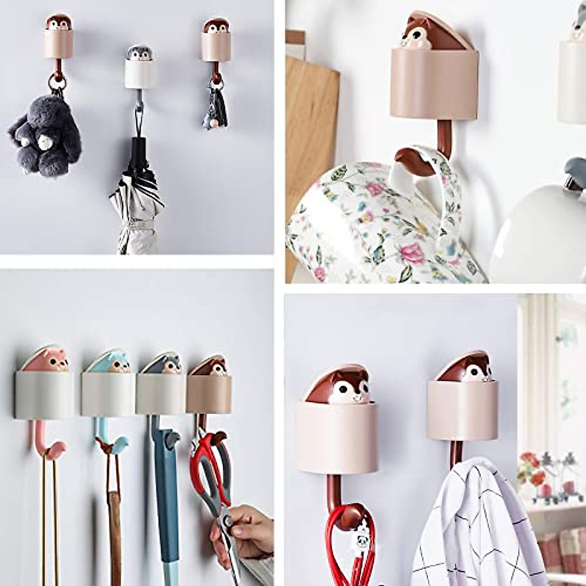 Four Colors of Sticky Hooks, Cute and Creative Squirrel Hooks, no Need to Punch Holes for Sticking to The Wall, Sticky Hooks can Hang All Kinds of Household Sundries.