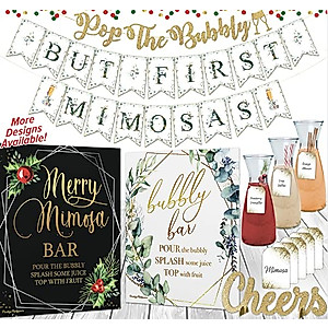 PRESTIGE Mimosa Bar Supplies | Brunch Decorations & Mimosa Bar Kit, Christmas Party Supplies w/ Bubbly Bar Sign & Banner Set, Holiday Bridal Shower Decor & Merry Christmas Birthday Decorations (XMAS)