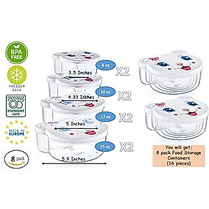 Food Storage Containers with lids 8 Pack (16 Pieces), Snack Containers Cute Plastic Animal Print Storage Lunch Box, Easy open Stackable Bpa Free Plastic, Space-Saving (Dog)
