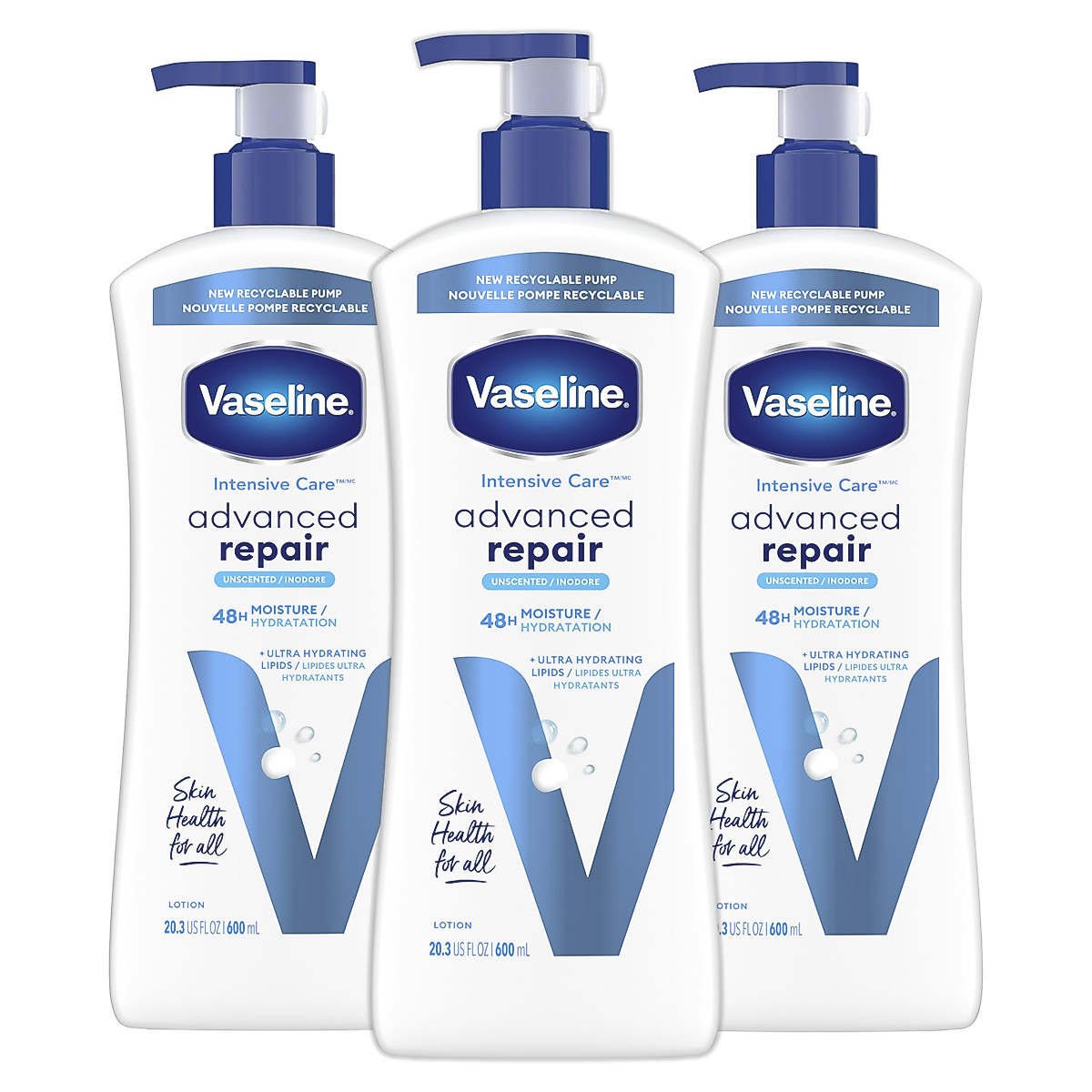 Vaseline Intensive Care Unscented Advanced Repair Body Lotion - Ultra-Hydrating with Lipids for Extremely Dry Skin, 20.3 oz, Pack of 3