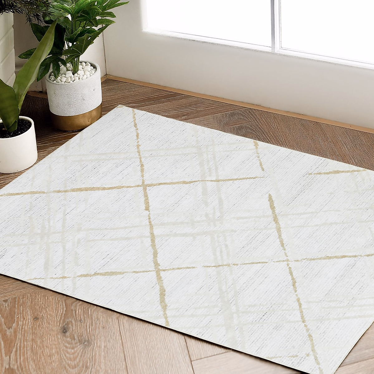 jinchan Area Rug 2x3 Entryway Rug Modern Washable Rug Abstract Indoor Door Mat Geometric Grid Small Rug Non Slip Thin Accent Rug Beige Lines Contemporary Soft Rug Carpet for Kitchen Bathroom Bedroom