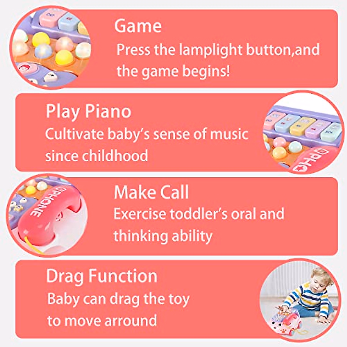 Baby Phone Toy,Baby Toy Phone Cartoon Baby Piano Music Light Toy Children Pretend Phone, Kids Cell Phone Girl with Light Parent-Child Interactive Toy Gift Game Boy Girl Early Education Gift Pink