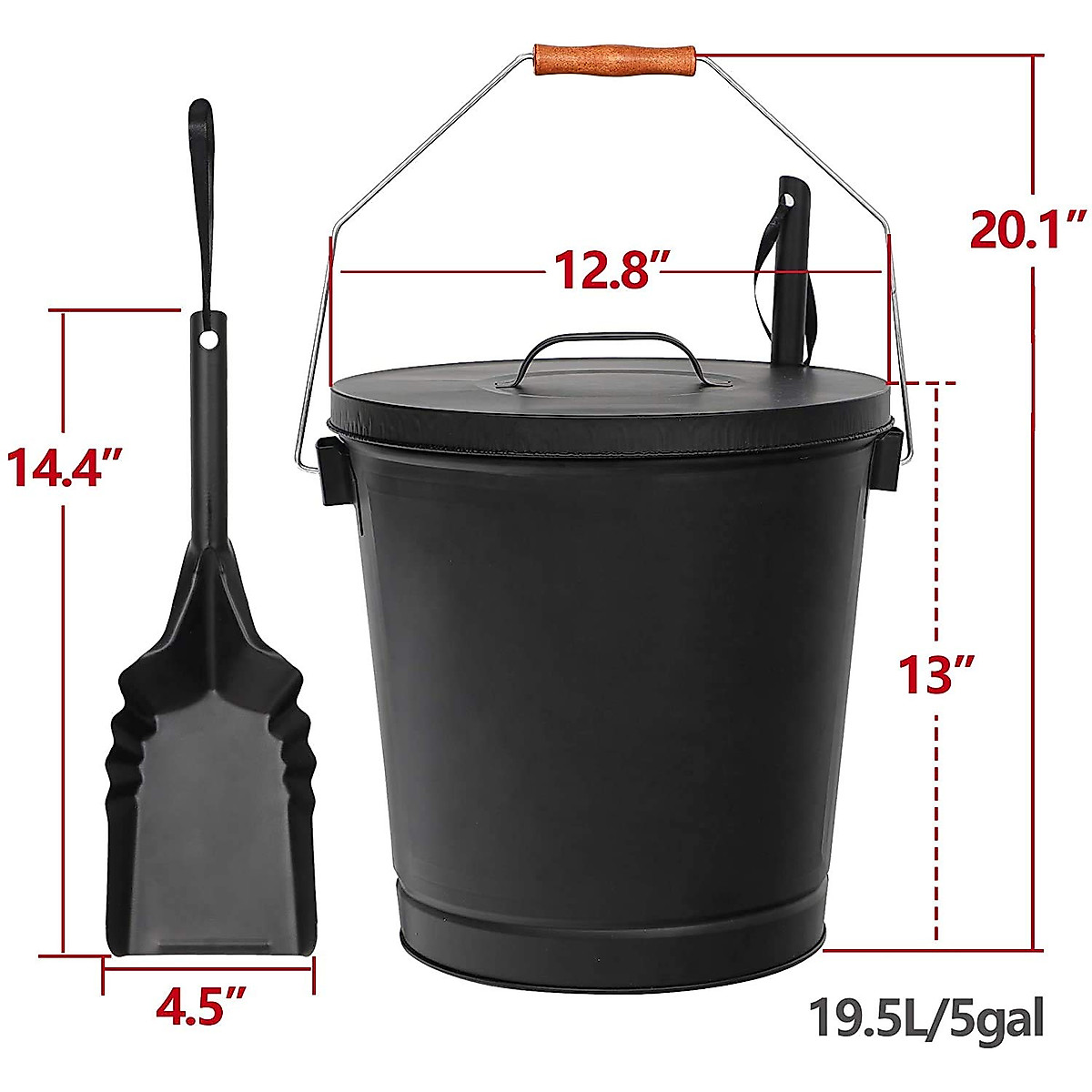 Hot Ash Bucket Fireproof Pellet Bucket with Lid and Shovel for Fireplaces, Fire Pits - Black