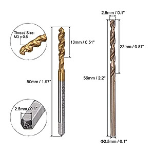 uxcell M3 x 0.5 Spiral Flute Tap 2.5mm Drill Bit Set, Metric Titanium Plated M35 Cobalt High Speed Steel Machine Threading Screw Tap Drilling Tool