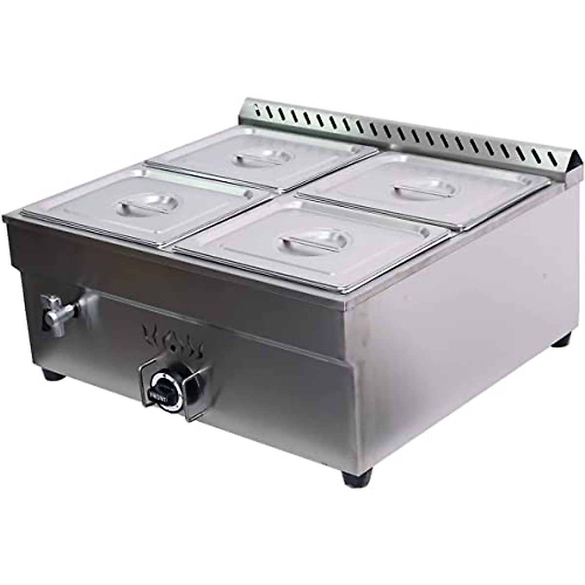 INTBUYING LP Gas Food Soup Warmer Propane Gas Stove Bain-Marie Commercial Canteen Buffet Steam Heater Stainless Steel with Gas Regulator Valve 12''x8.7''x4''Pan-4 Pans（Square）