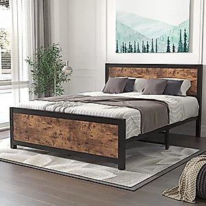Full Size Bed Frames with Headboard Full Platform Bed Frame Rustic Wood Platform Metal Bed Frame Full Size Bed Frames with Storage No Box Spring Needed Heavy Duty Slat Support (Vintage Brown, Full)