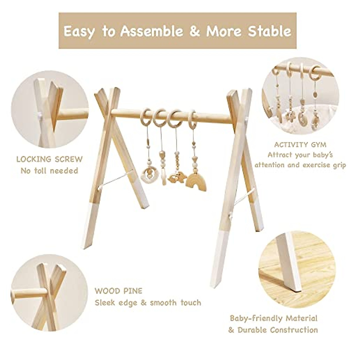 Wooden Baby Play Gym, PgUp Foldable Baby Gym with 4 Wooden Baby Hanging Toys for Play & Learn, Baby Activity Gym Frame Hanging Bar Toddler Gym Newborn Gift for Baby Girl and Boy
