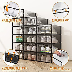Fixwal Clear Shoe Storage Boxes Stackable, 12 Pack XL-Large Shoe Storage Organizers, Stackable Clear Plastic Boxes for Closet, 13.2 (L) x 10.1 (w) x 6.42 (H) Inch, Black