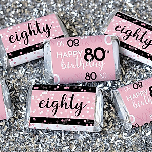 DISTINCTIVS Pink, Black, and White 80th Birthday Party Mini Candy Bar Wrappers - 45 Count, 80th Birthday Decorations for Women