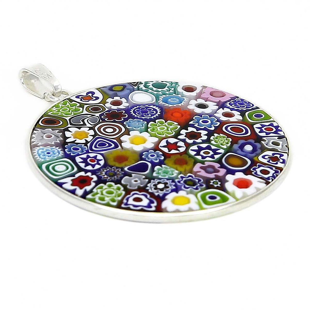 Glass Of Venice Murano Glass Millefiori Pendant Necklace Multicolor in Silver Frame 1-1/2 inch For Women Handmade In Venice, Italy