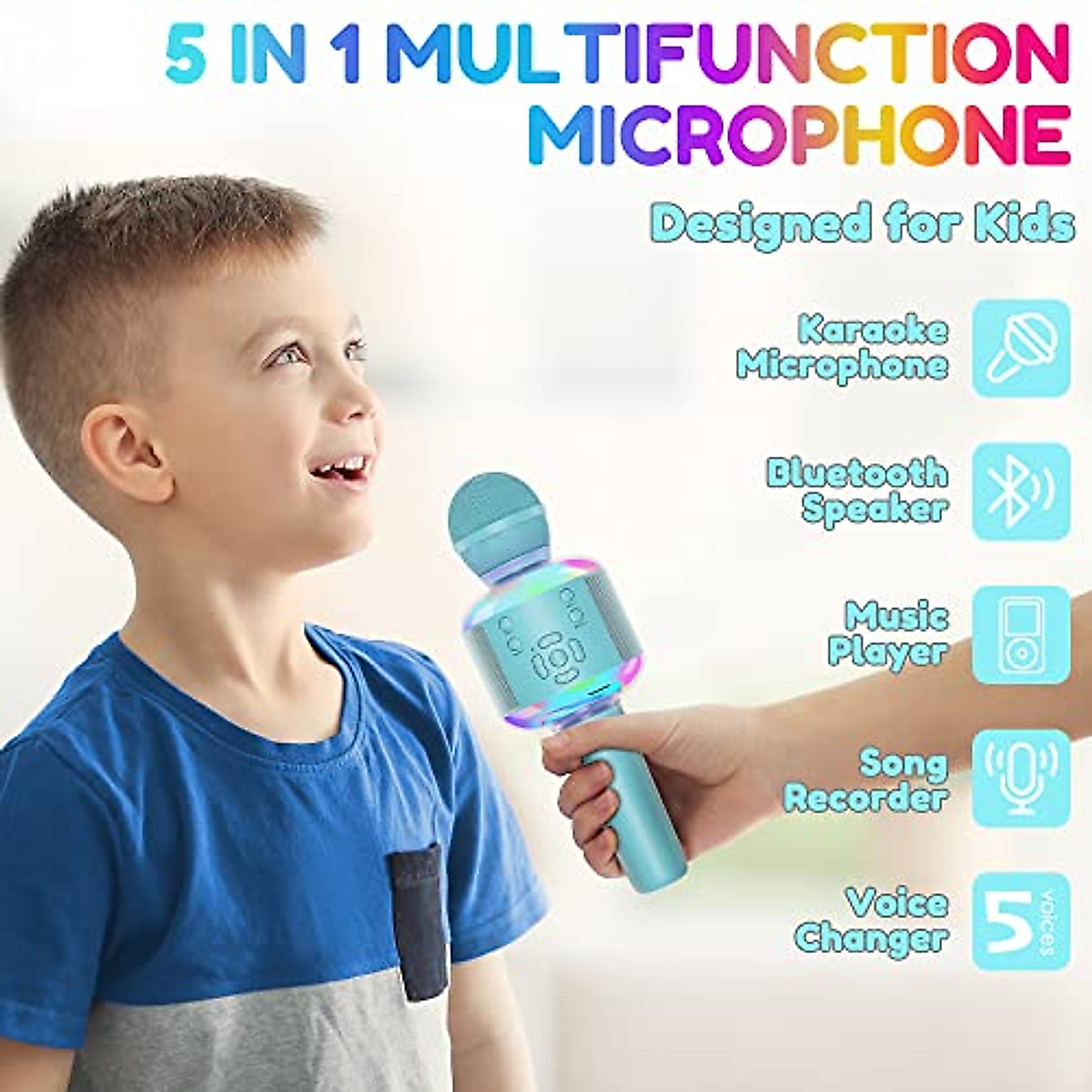 Wireless Bluetooth Karaoke Microphone with Controllable LED Lights, 5-in-1 Portable Mic Speaker Player Recorder, Great Toys Birthday Gifts for 3 4 5 6 7 8 Years Old Girls Boys (Blue)