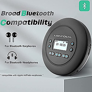 CD Player Portable, MONODEAL Bluetooth CD Player, Rechargeable Compact Small Walkman CD Player with Headphones for Car and Personal Use