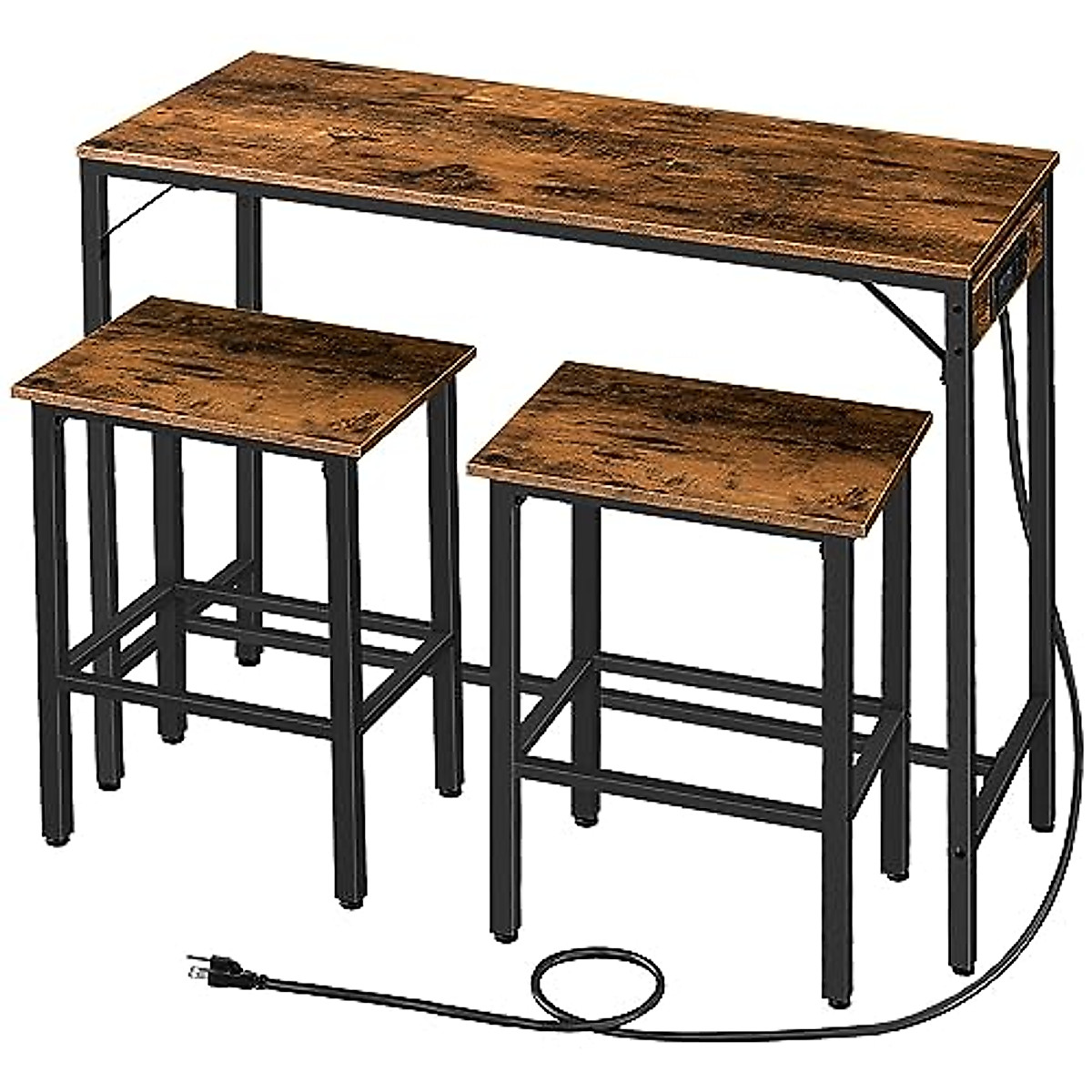 HOOBRO Bar Table Set with Power Outlet, 47.2“ Bar Table and Chairs Set, 3-Piece Pub Table Set, Kitchen Bar Height Table with Stools of 2, for Living Room, Dining Room, Rustic Brown and Black BF46UBT01