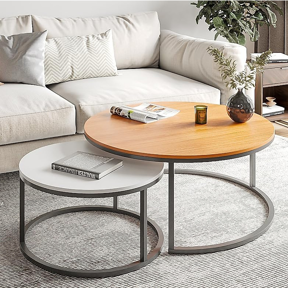 ODIKA 31.5'' Modern Round Nesting Coffee Tables (Set of 2), Stacking Living Room Accent Tables with Industrial Wood Finish & Metal Frame, Brown/White Tops, Space-Saving, Easy Assembly & Cleaning
