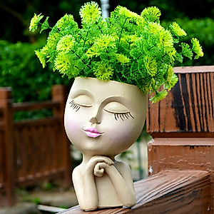 Face Planter Pot Head Planters, Lady Heads Flowerpot, Cute Girl Faces Plant Pot, Bust Statue Flower Pots, Round Women Succulent Pots for Indoor Outdoor Plants, Modern Vase with Drainage (7" Cream)
