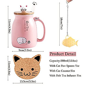 BigNoseDeer Cat Mug Cute Ceramic Coffee Mugs with Lovely Kitty Lid Cat Paw Spoon kawaii Coaster Novelty Tea Cup Pink Mug for Women Christmas Mug Mothers Day Gifts Birthday Gifts 380ML