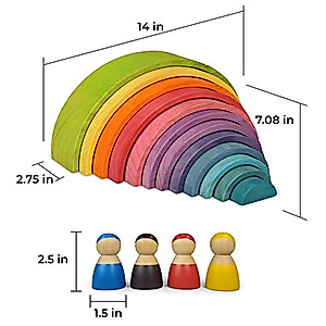 TEKOR 35 Pcs Wooden Rainbow Stacking Toy Set, Montessori Building Blocks for Toddler Girl Boy, Stacker Puzzle Educational Preschool Gifts for Kids, Semi-Circle, Stacking Blocks, Little Peg Dolls