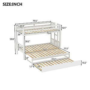Flieks Twin Over Twin/King Bunk Beds with Trundle, Twin Over Pull-Out bunk Bed Accommodate 4 People for Kids, Adult, No Box Spring Needed