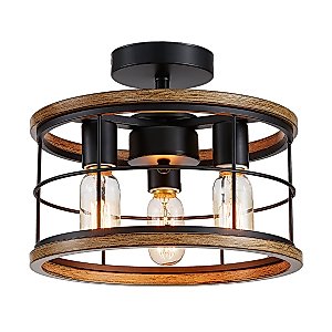 LOOYD Semi Flush Mount Ceiling Light Fixture Vintage Ceiling Light Farmhouse Ceiling Light Metal Cage Ceiling Lamp for Kitchen Dining Room Hallwa Bedroom Living Room (Wood Grain)