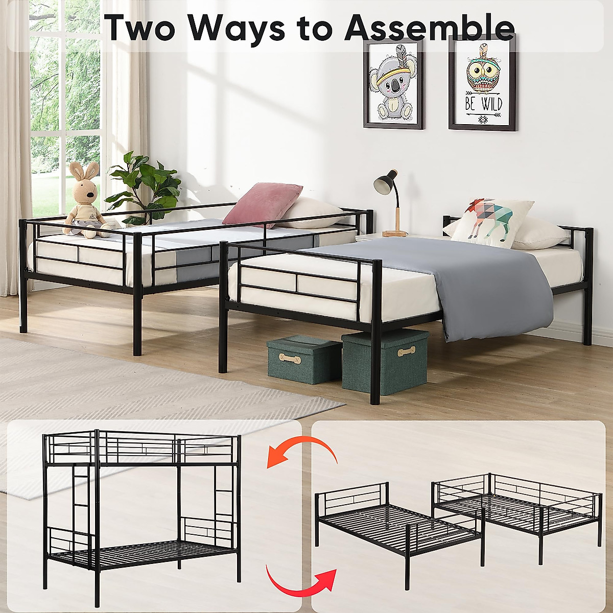 PVWIIK Twin Over Twin Metal Bunk Bed for Kids Boys Girls,Metal Structure Bedframe with Ladders & Guardrail,Convertible 2 Beds,No Spring Box Required,Black