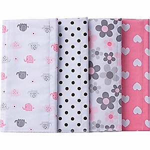 Gerber Unisex-Baby 4-Pack Flannel Burp Cloth, elephants/flowers, 20" x 14"