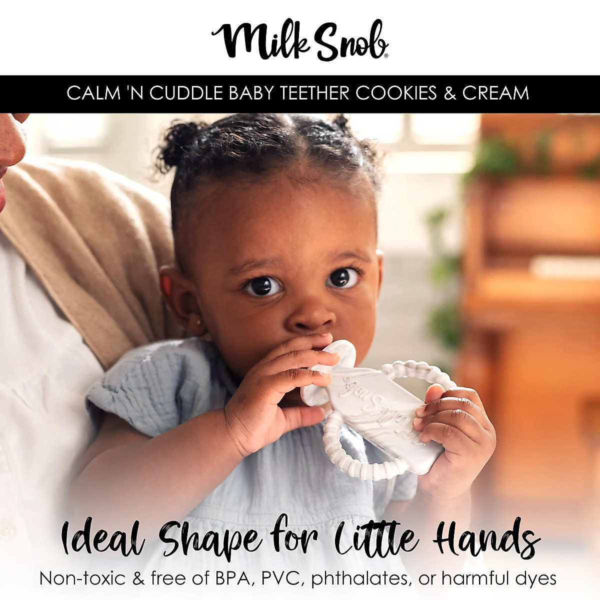 Milk Snob Calm 'n Cuddle Baby Teether - Car Seat Teether - Food-Grade Silicone - Baby Shower Teething Toy, Baby Essentials for 3+ Months - Easy to Clean - Designed in The USA (Cookies & Cream)