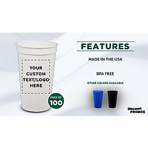 DISCOUNT PROMOS Custom Large Plastic Stadium Cups 22 oz. Set of 100, Personalized Bulk Pack - Perfect for Birthdays, Picnic, Beach, Parties - White