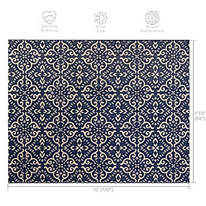 Gertmenian Indoor Outdoor Classic Flatweave Area Rug, Stain & UV Resistant Carpet, Deck, Patio, Poolside & Mudroom, 8x10 Ft Large, Floral Medallion, Navy Blue, 21571