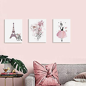 Wuxianghong Eiffel Tower Wall Decor Girls Pink Theme Room, Paris Wall Art Princess Girl Flowers Bedroom Decor,Canvas Art Framed Posters Paintings