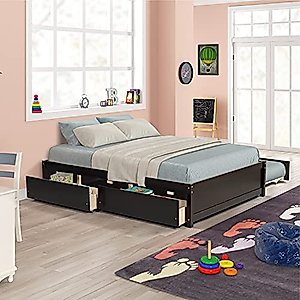 Full Size Bed Frame with Trundle and Storage, Platform Bed with Solid Wood Slat Support, Full Bed Frame with Twin Size Trundle Bed ＆ 2 Storage Drawers, Noise Free, No Box Spring Needed (Espresso)