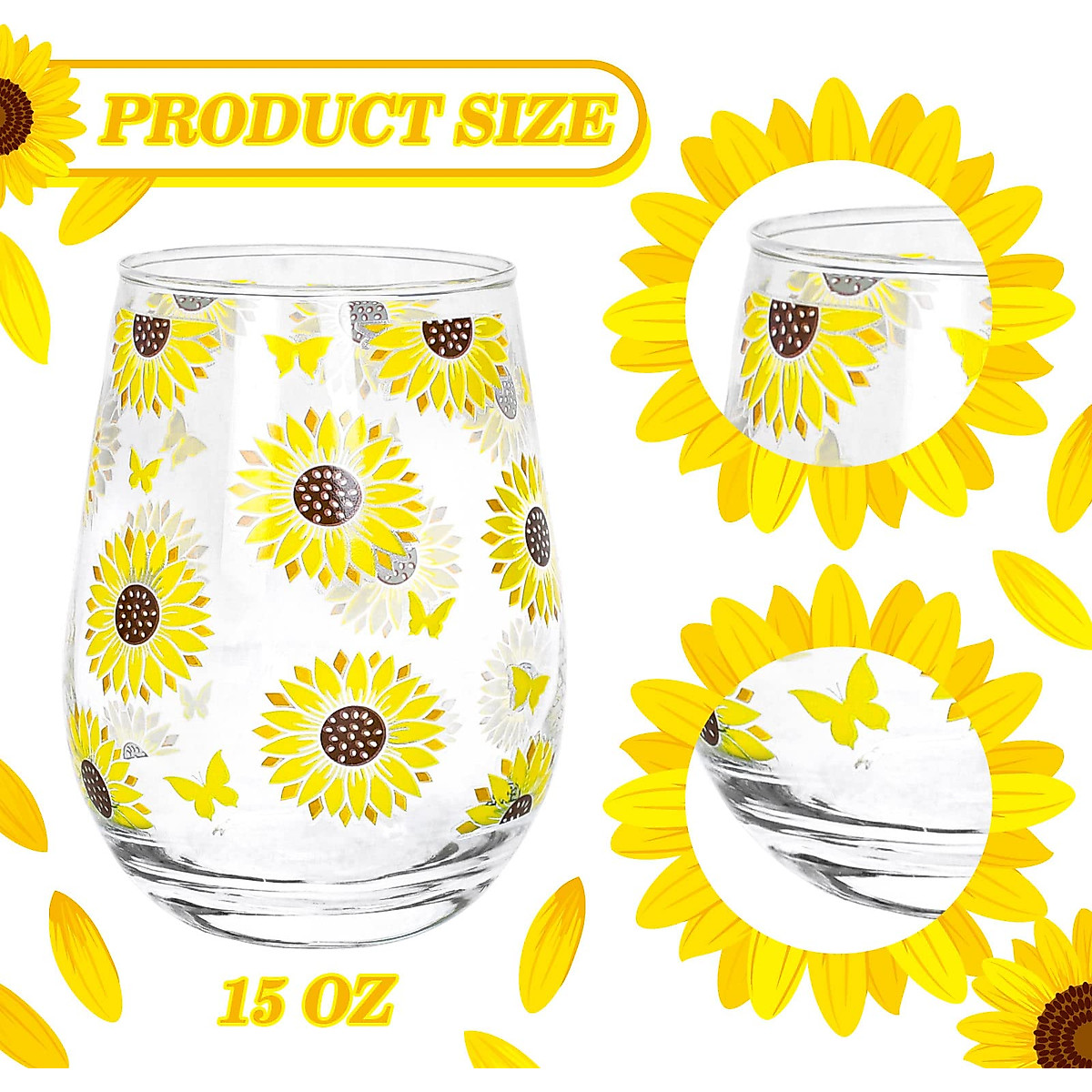 AnyDesign Sunflower Stemless Wine Glasses Summer Drinking Glasses Set of 2 Yellow Flower Butterfly Glasses for Bridal Party Wedding Whiskey Beer Farmhouse Kitchen Home Decor Father's Day