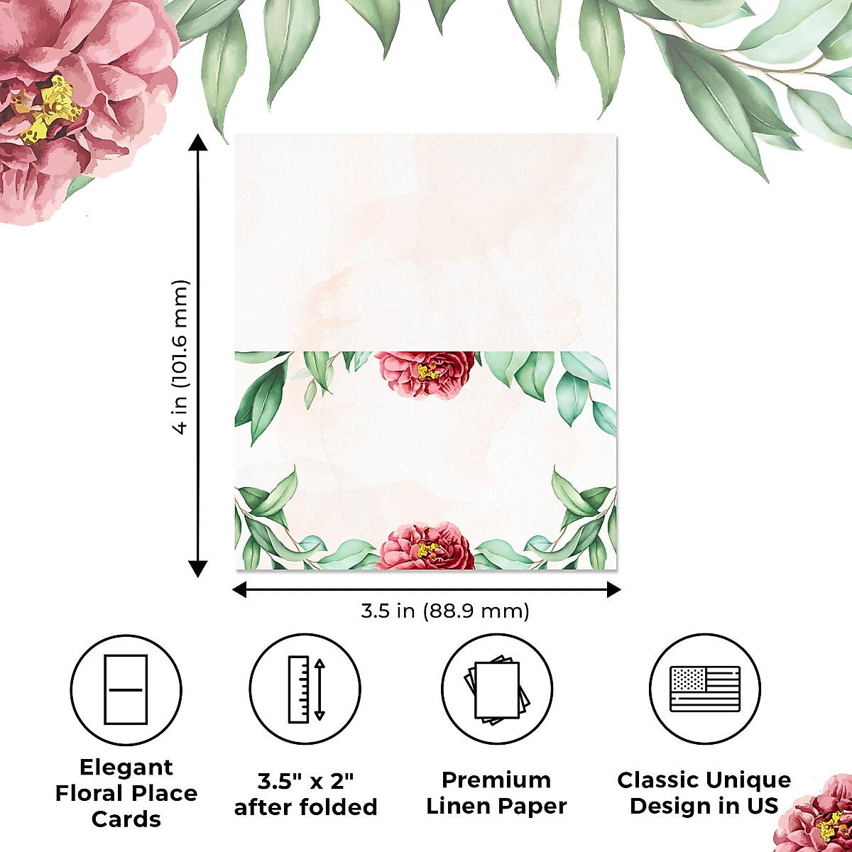 Mobiusea Creation Elegant Floral Place Cards 100pcs | Thick Linen Cardstock | 2"x3.5" Name cards | Place Cards for Table Setting | Name Cards for Table Setting, Seating Cards, Tent Cards
