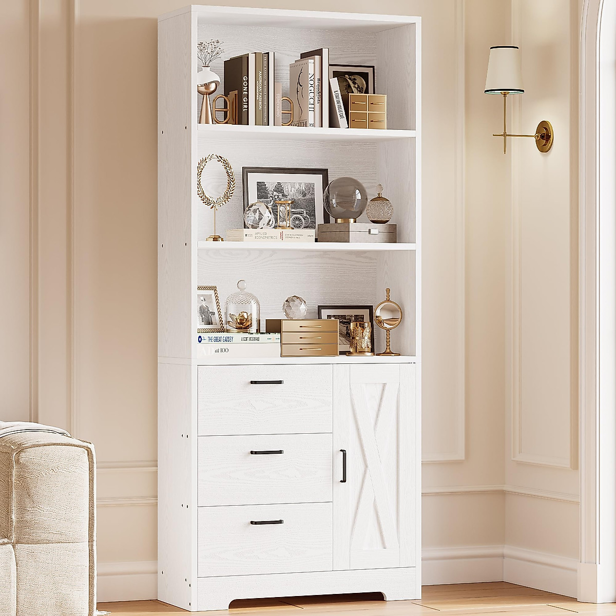 IRONCK Bookshelf with Door and 3 Drawers, 71in Tall Bookcase Shelf with 3-Tier Shelves, for Bedroom Living Room Entrance Hallway Home Office