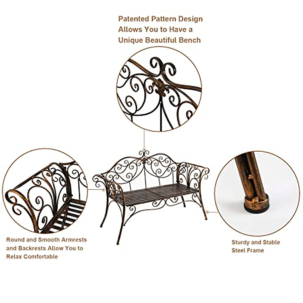 HLC Garden Bench Metal Outdoor Benchs for Front Porch Patio Park Yard 2 Seats Bench with Backrest and Armrests (Antique Bronze)