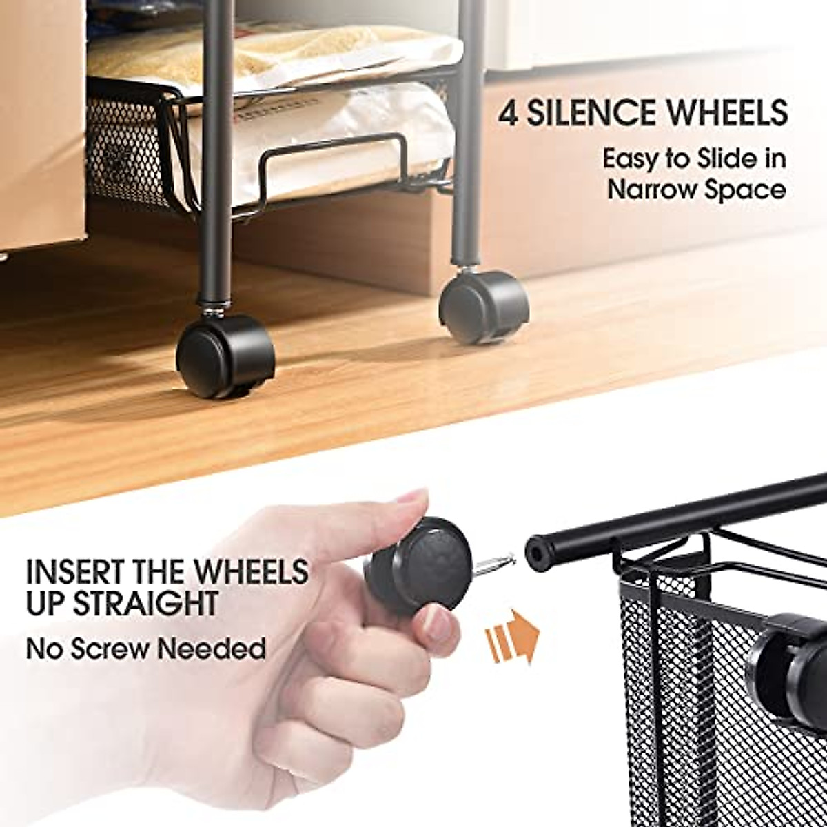 KINGRACK 4-Tier Slim Rolling Cart,Metal Utility Cart,Slide Out Storage Cart with Wooden Tabletop and Mesh Baskets for Narrow Space on Kitchen Bathroom Laundry Room Bedroom Apartments Dormitory, Black