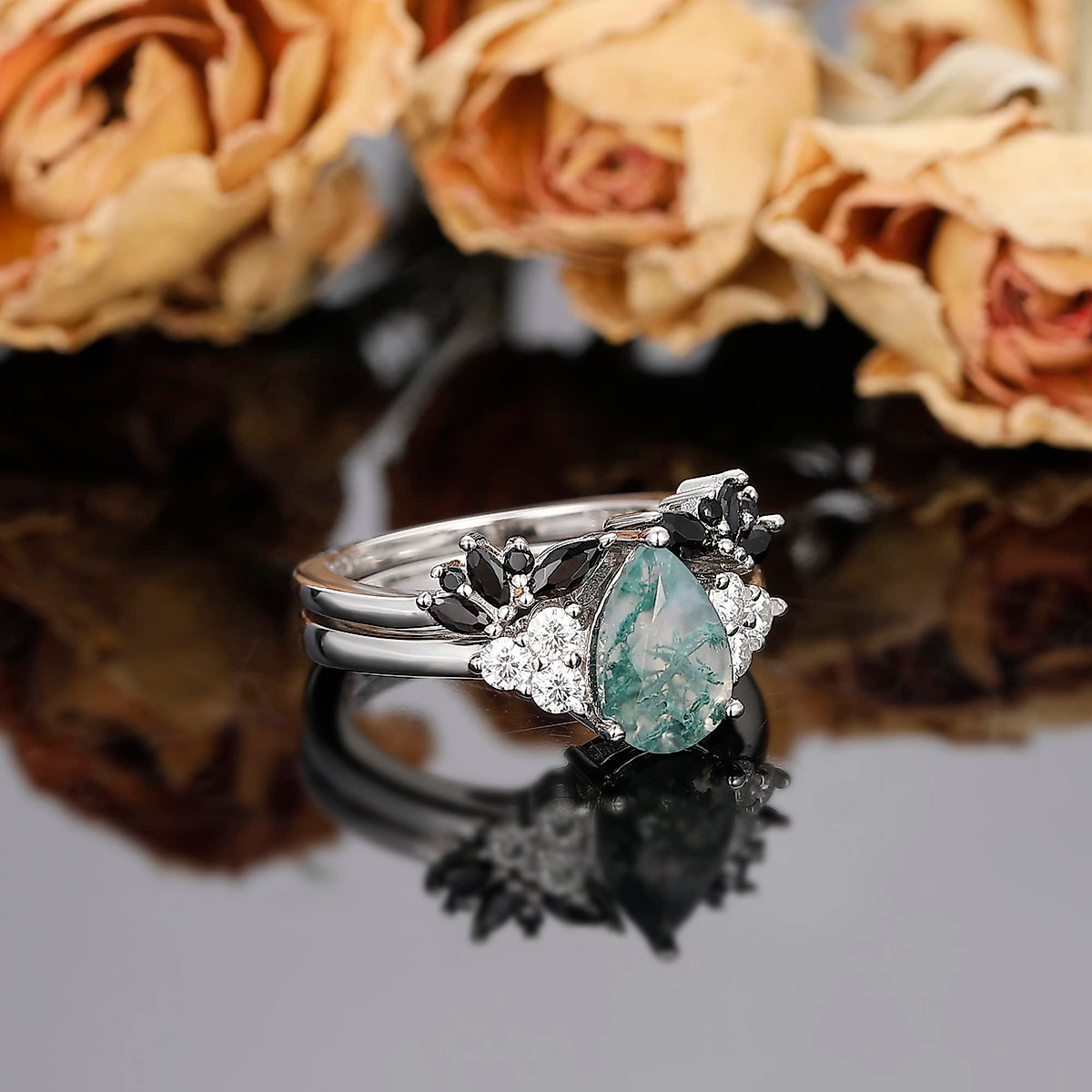 IRROYA 6x9mm Natural Pear Cut Moss Agate Bridal Ring Set,Cluster Genuine Moissanite Engagement Ring,V Shaped Open Ring Band, Sterling Silver Platinum, moss agate