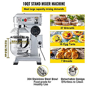 VEVOR Commercial Food Mixer, 10Qt Commercial Mixer with Timing Function, 450W Stainless Steel Bowl Heavy Duty Electric Food Mixer Commercial with 3 Speeds Adjustable, Perfect for Bakery Pizzeria