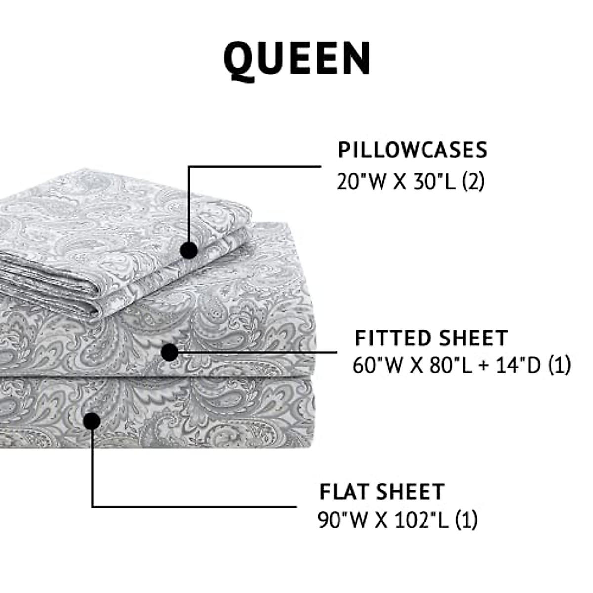 Comfort Spaces 100% Cotton Sheet Set Breathable, Lightweight, Soft with 14" Elastic Pocket Fits up to 16" Mattress, All Season Cozy Bedding, Matching Pillow Case, Queen Paisley Multi 4 Piece