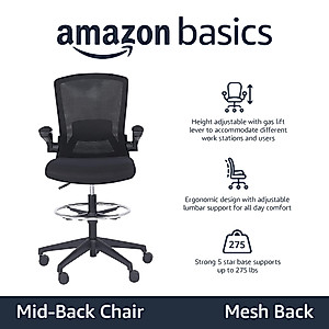 Amazon Basics Mid-back Mesh Office Drafting Chair Stool with Adjustable Footrest, Flip-Up Arms