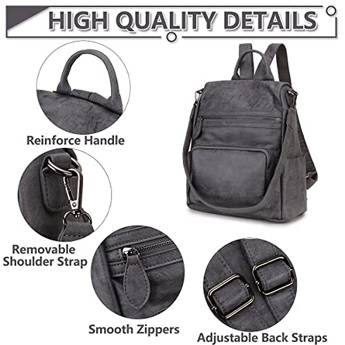 RAVUO Backpack Purse for Women, PU Leather Anti-theft Backpack Fashion Convertible Shoulder Bag for Ladies Three Ways to Carry