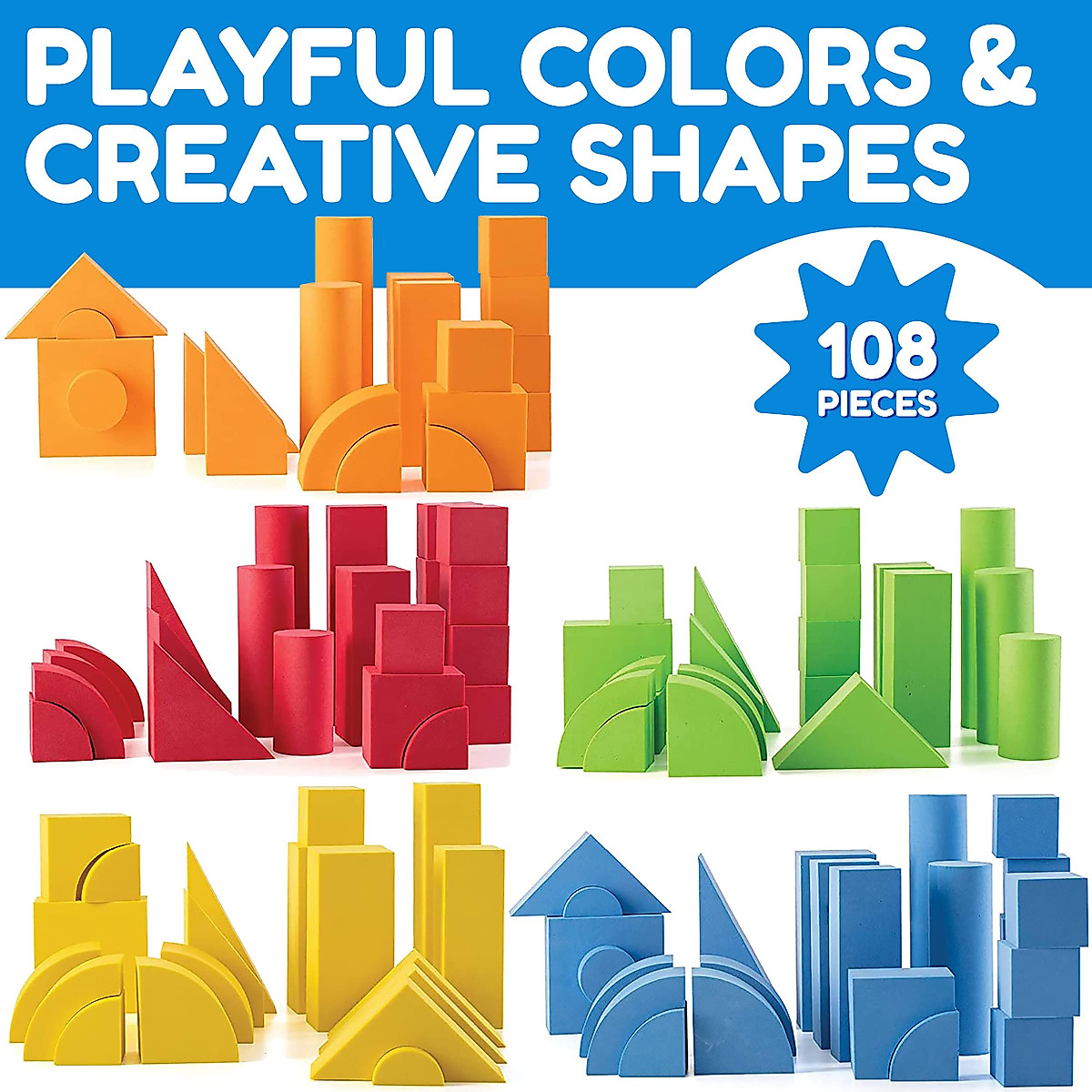 JaxoJoy Foam Building Blocks for Kids - 108-Piece Soft Foam Blocks for Toddlers - Large, Stackable, Educational STEM Toys - Soft Blocks for Indoor or Outdoor Play - Foam Shapes for Boys and Girls